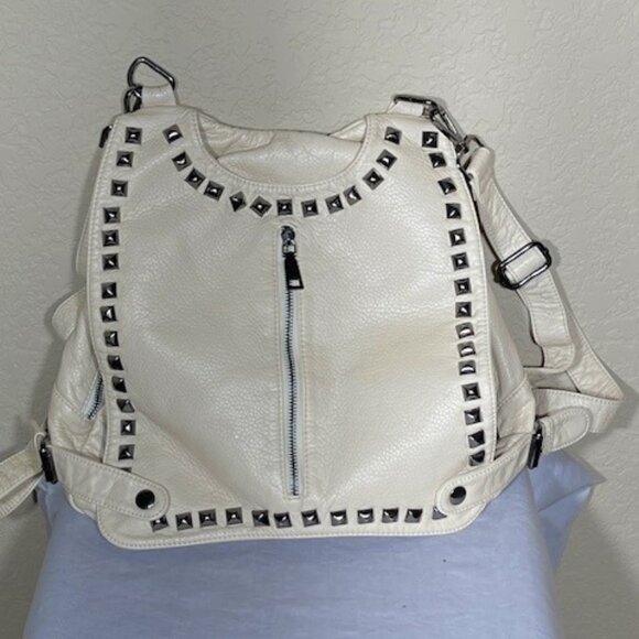 Bags | Cool Vegan Leather Backpack Cream With Studs Excellent Condition ...